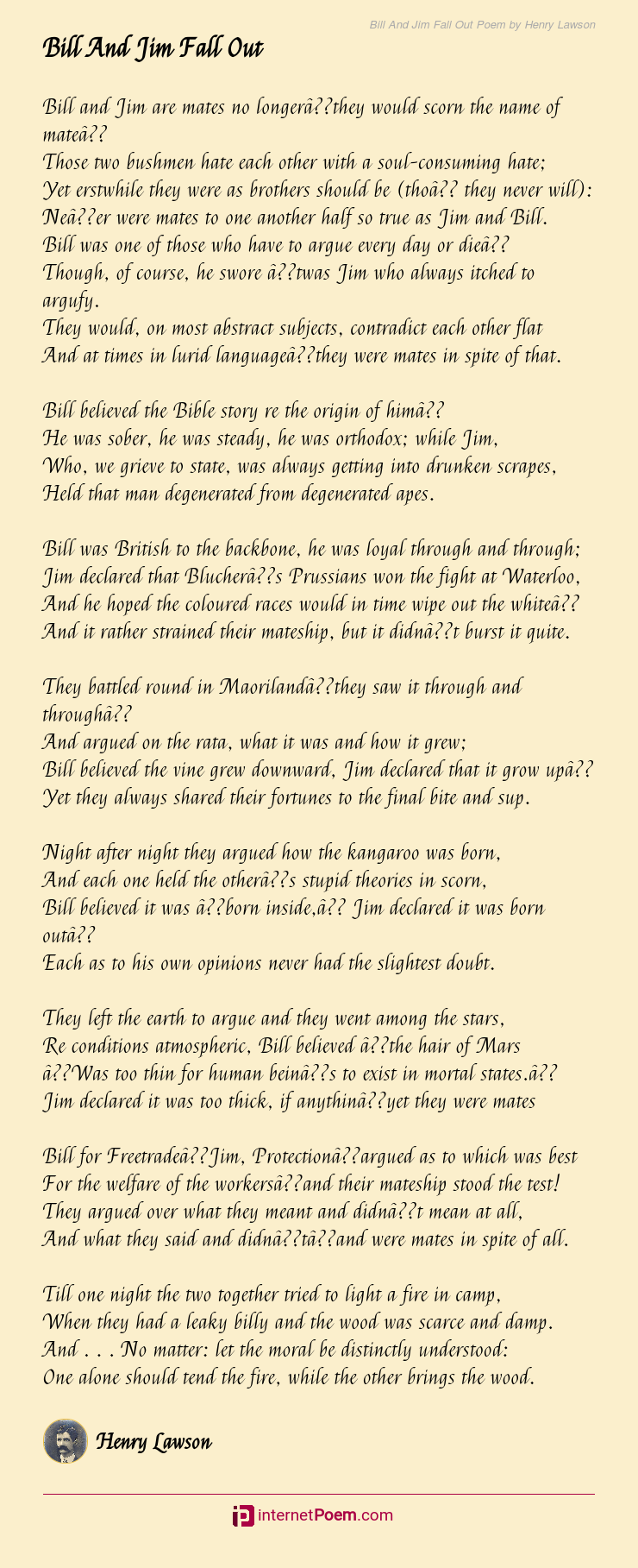 Bill And Jim Fall Out Poem by Henry Lawson