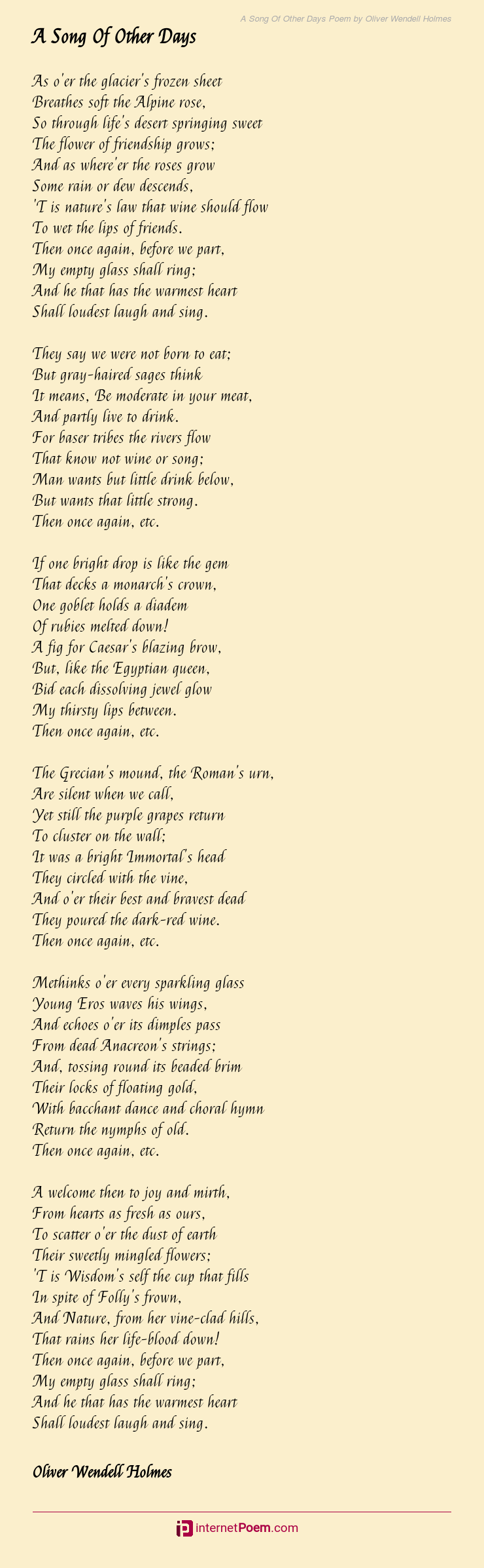 A Song Of Other Days Poem by Oliver Wendell Holmes