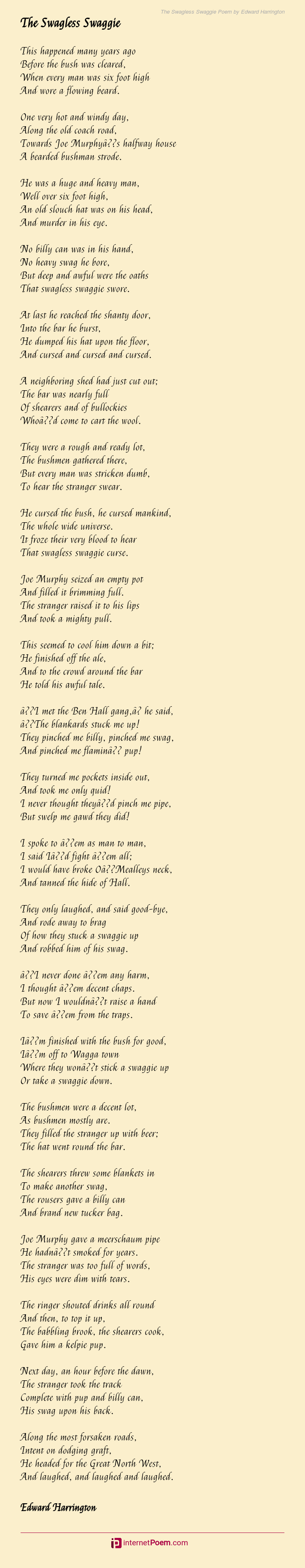 The Swagless Swaggie Poem by Edward Harrington