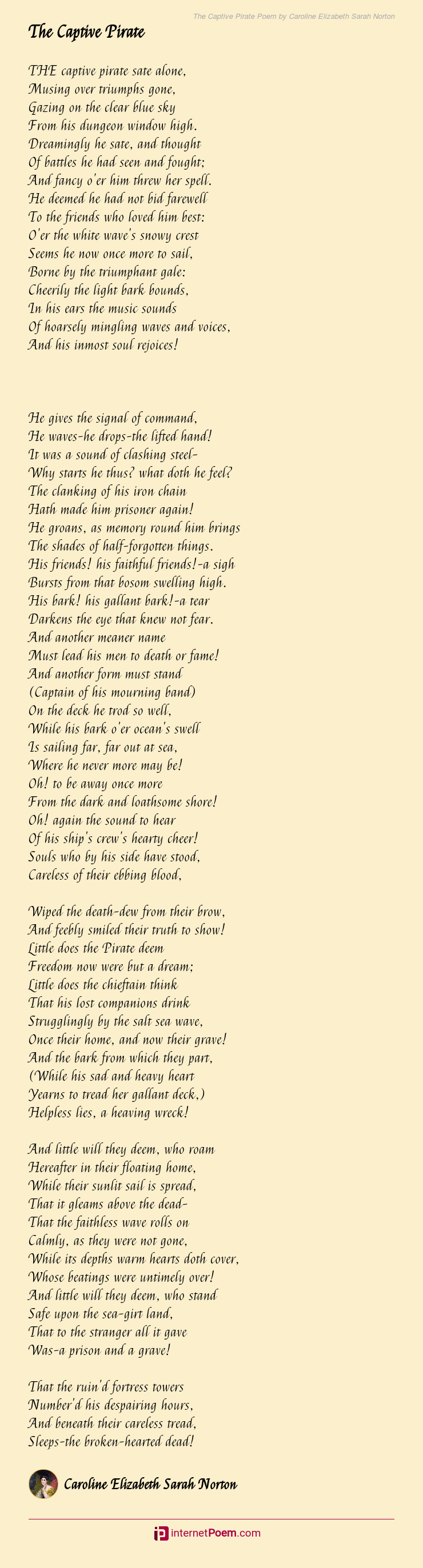 The Captive Pirate Poem by Caroline Elizabeth Sarah Norton
