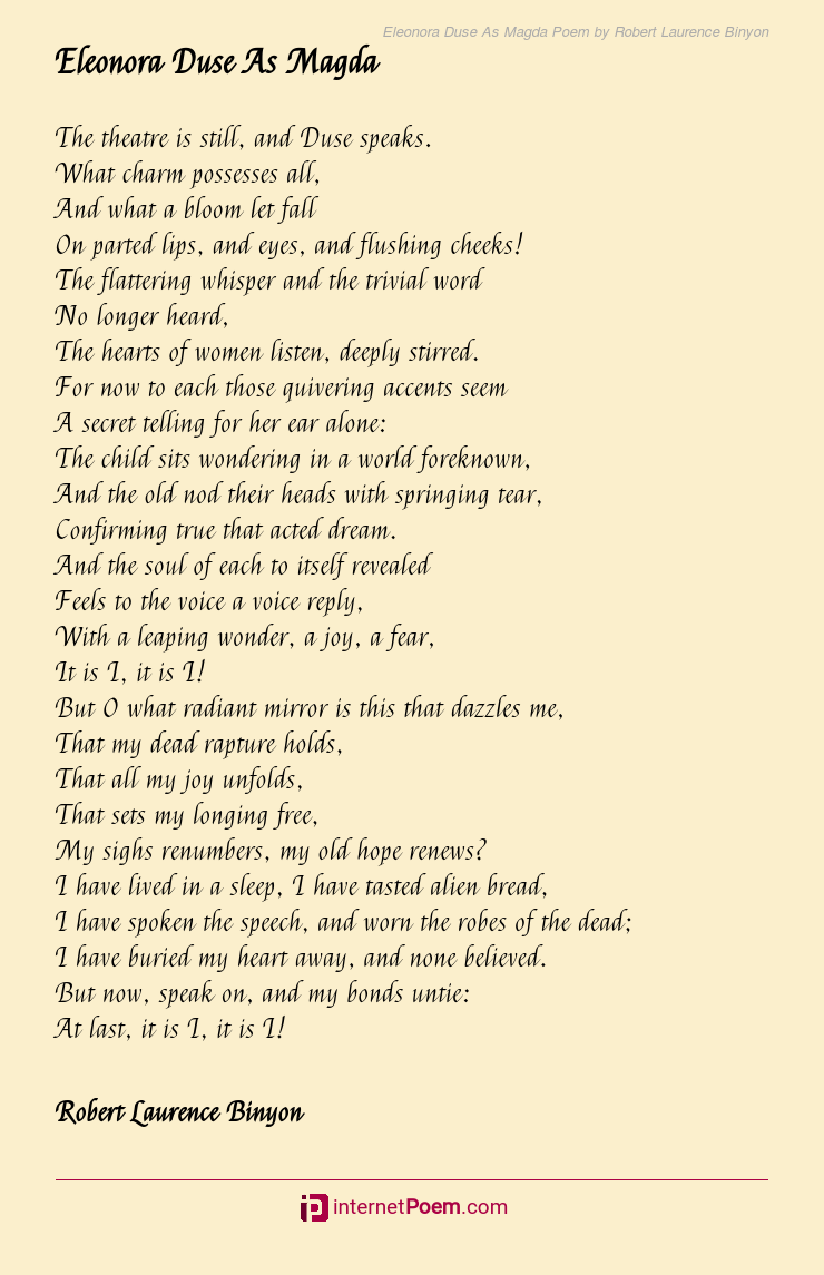 Eleonora Duse As Magda Poem by Robert Laurence Binyon