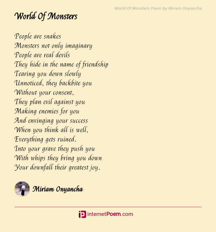 World Of Monsters Poem by Miriam Onyancha