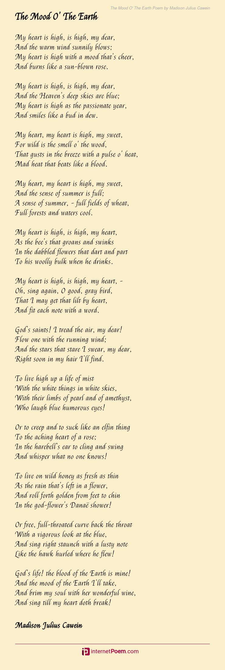 The Mood O' The Earth Poem by Madison Julius Cawein