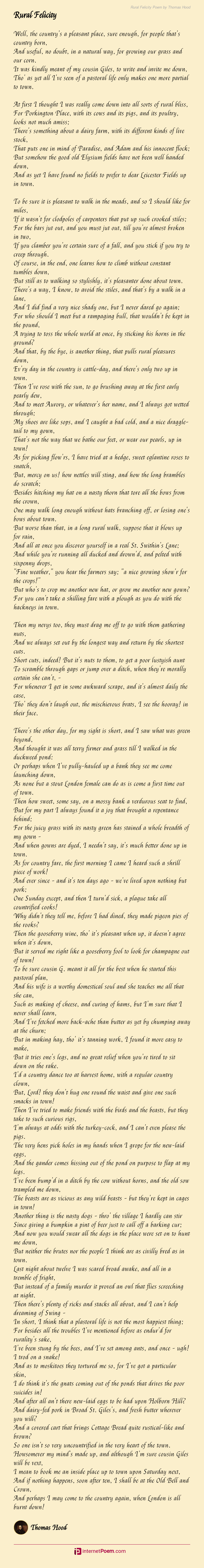 Rural Felicity Poem by Thomas Hood
