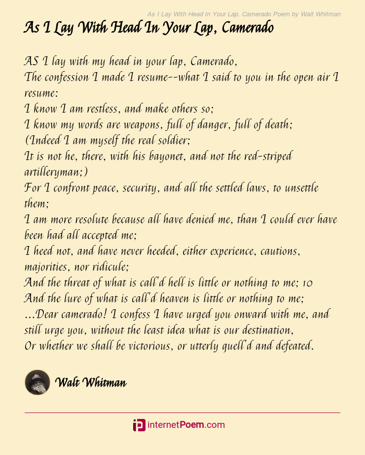 As I Lay With Head In Your Lap, Camerado Poem by Walt Whitman