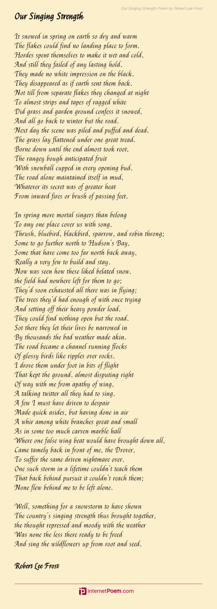 Our Singing Strength Poem by Robert Lee Frost
