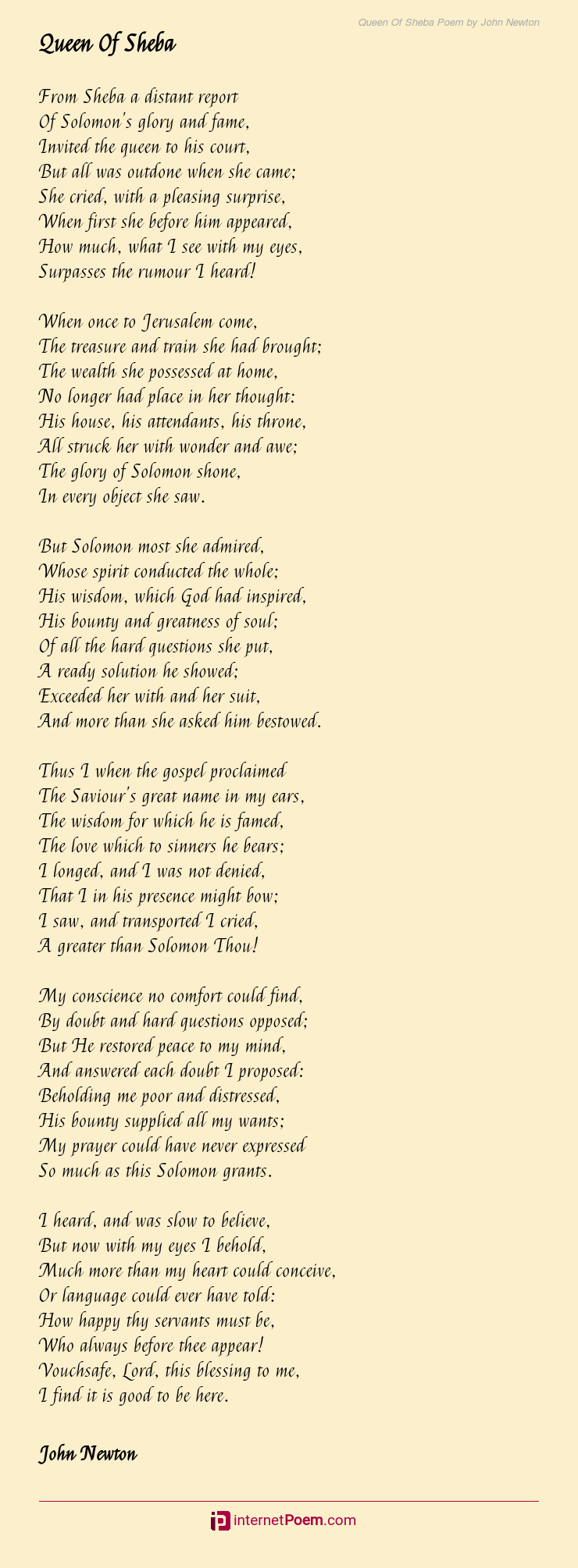 Queen Of Sheba Poem by John Newton