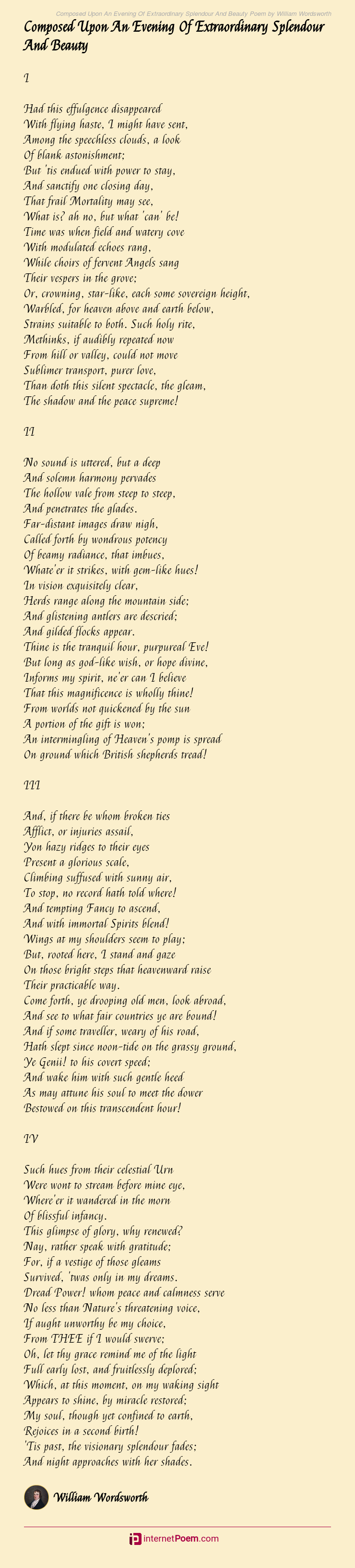 Composed Upon An Evening Of Extraordinary Splendour And Beauty Poem by ...