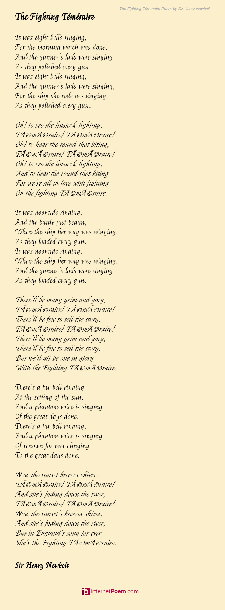 The Fighting Téméraire Poem by Sir Henry Newbolt