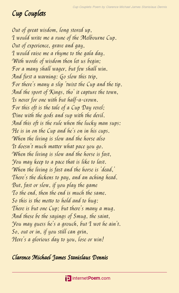 Cup Couplets Poem by Clarence Michael James Stanislaus Dennis
