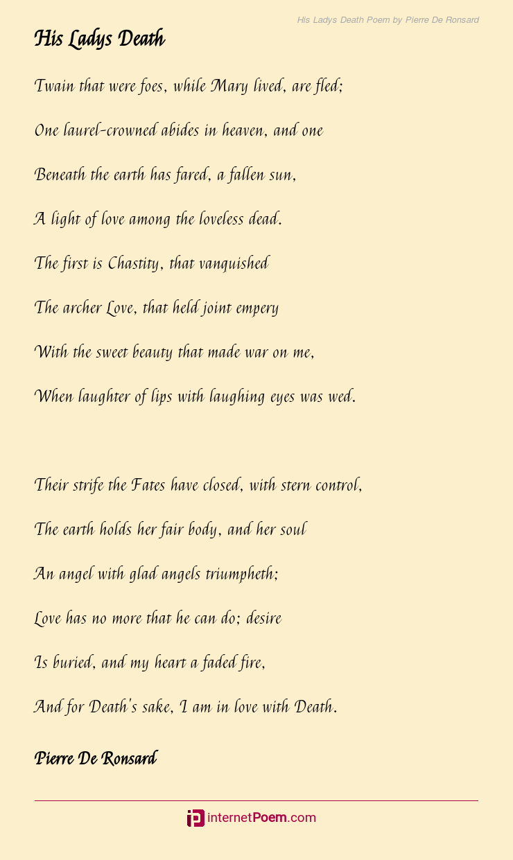 His Ladys Death Poem by Pierre De Ronsard