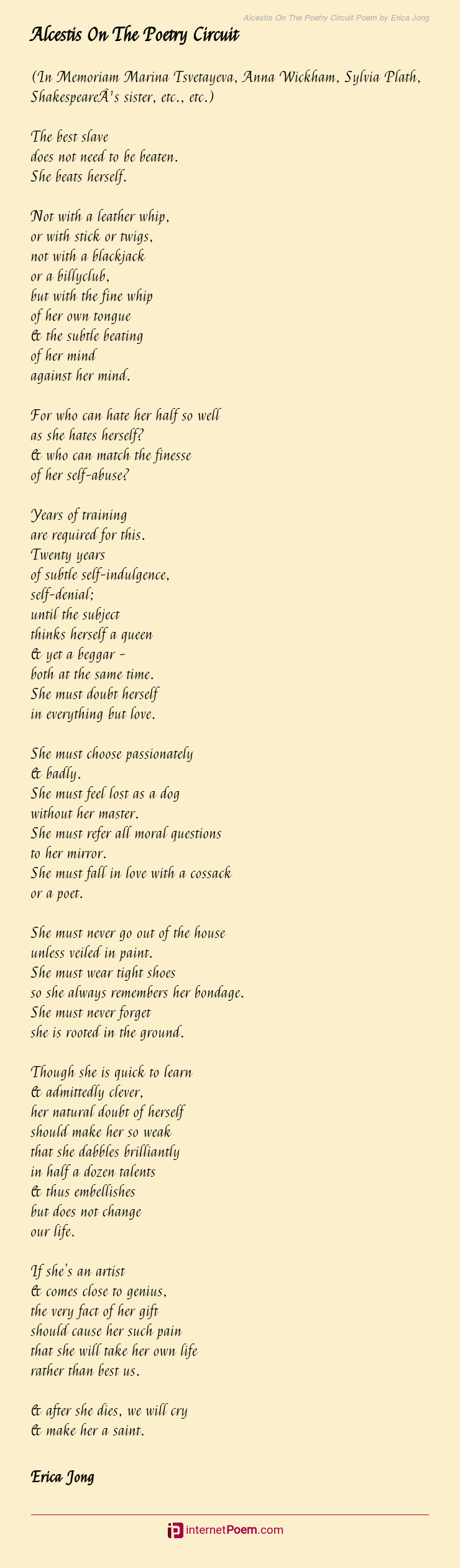 Alcestis On The Poetry Circuit Poem by Erica Jong