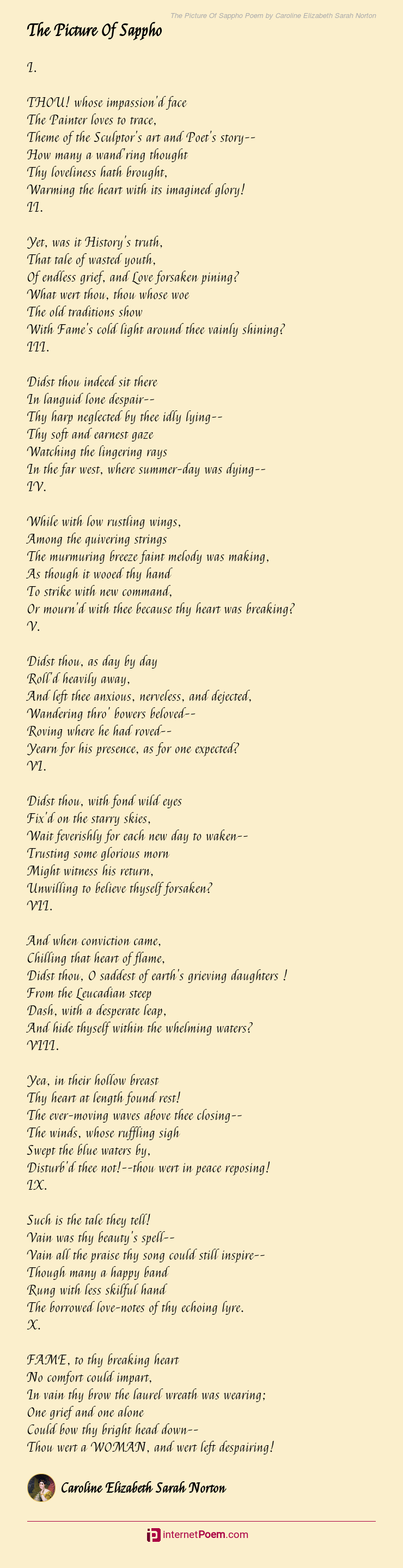 The Picture Of Sappho Poem by Caroline Elizabeth Sarah Norton
