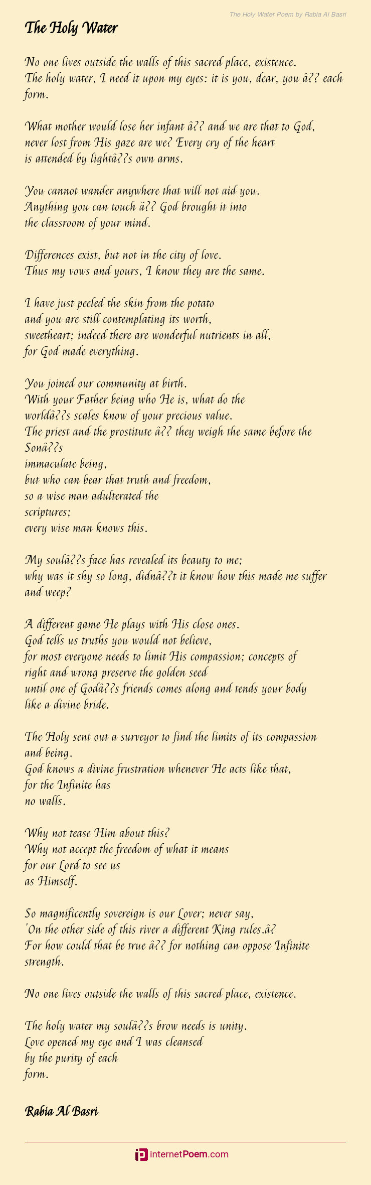 The Holy Water Poem by Rabia Al Basri