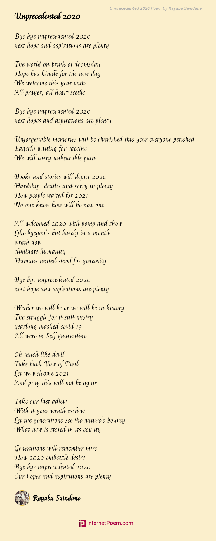 Unprecedented 2020 Poem by Rayaba Saindane