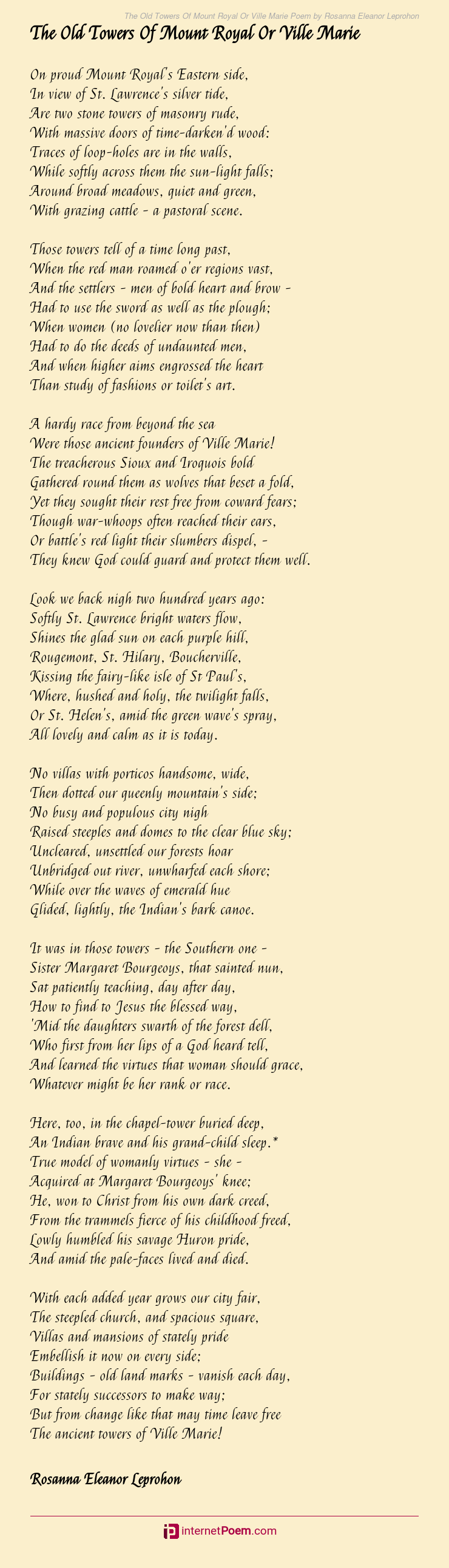The Old Towers Of Mount Royal Or Ville Marie Poem by Rosanna Eleanor ...