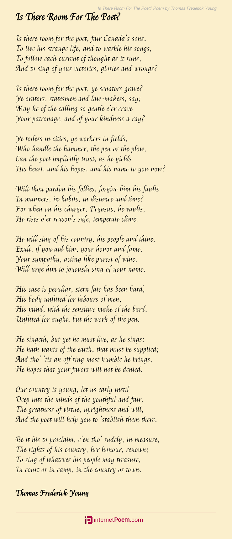 Is There Room For The Poet? Poem by Thomas Frederick Young