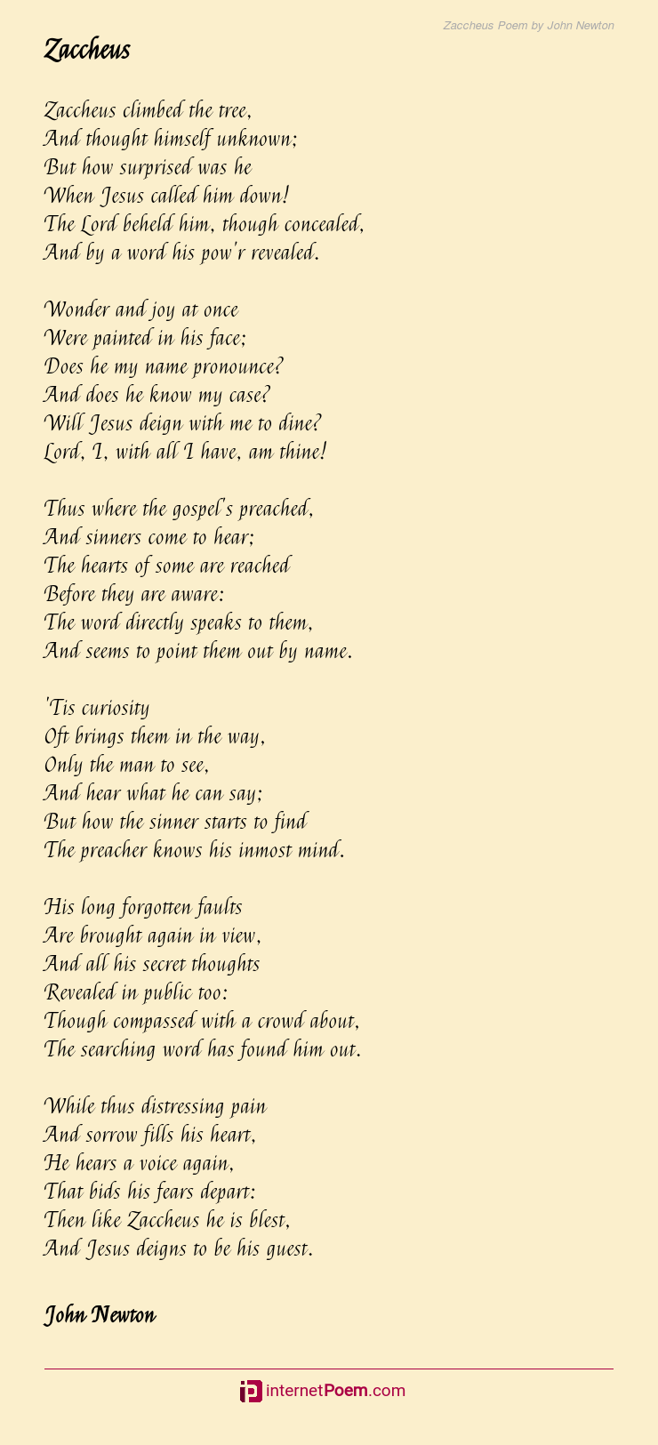 Zaccheus Poem by John Newton