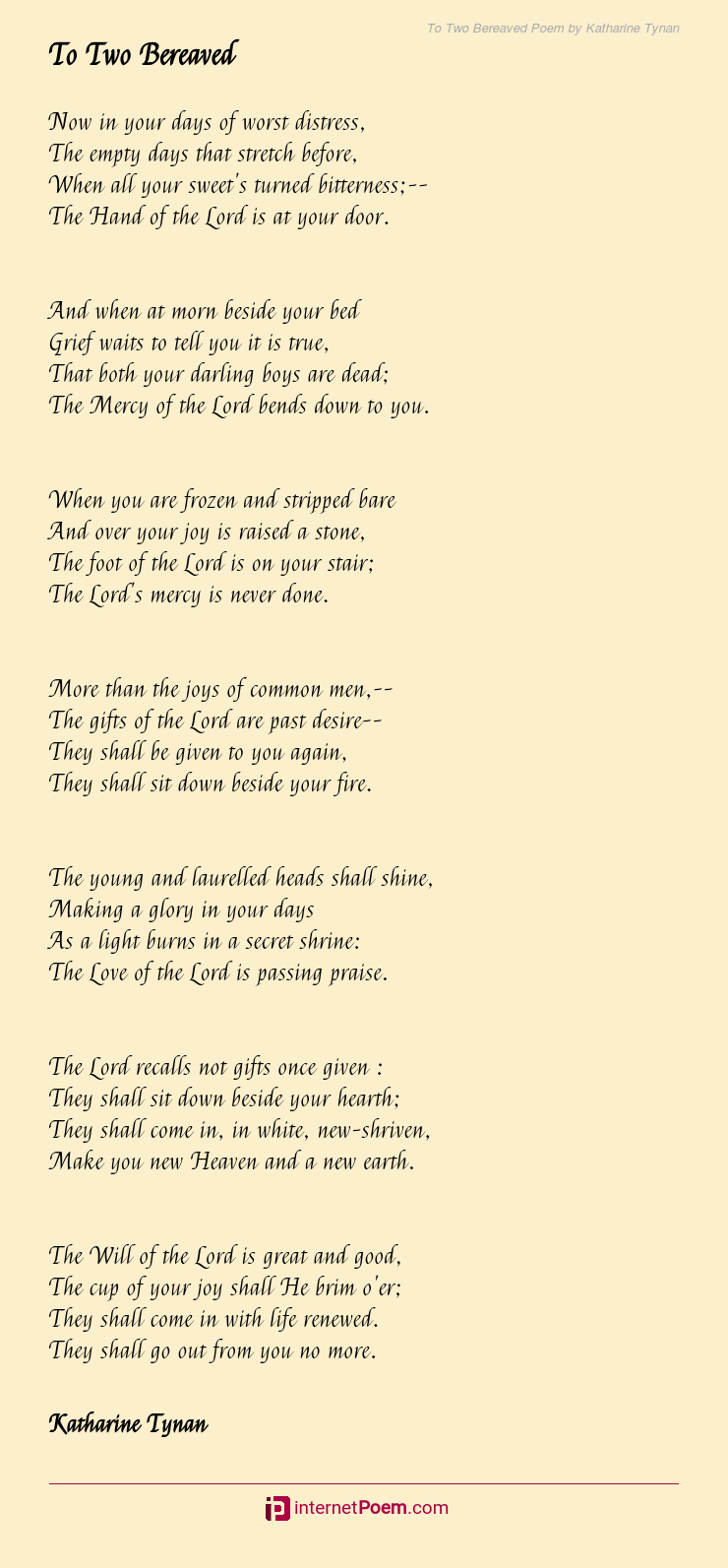 To Two Bereaved Poem by Katharine Tynan