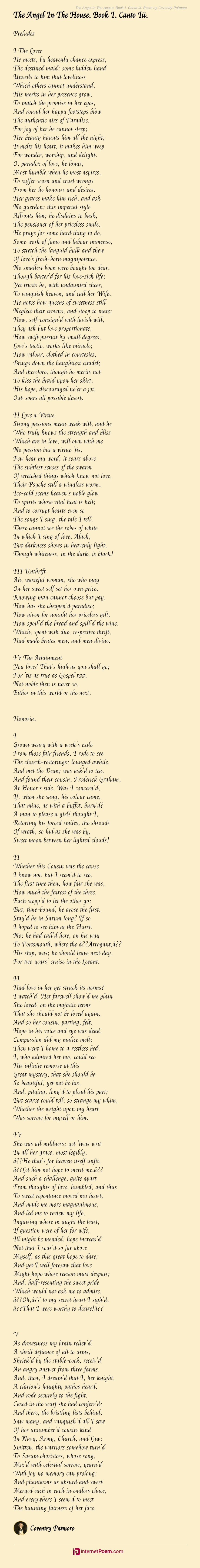 The Angel In The House. Book I. Canto Iii. Poem by Coventry Patmore