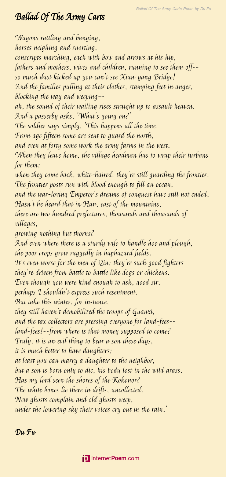 Ballad Of The Army Carts Poem by Du Fu