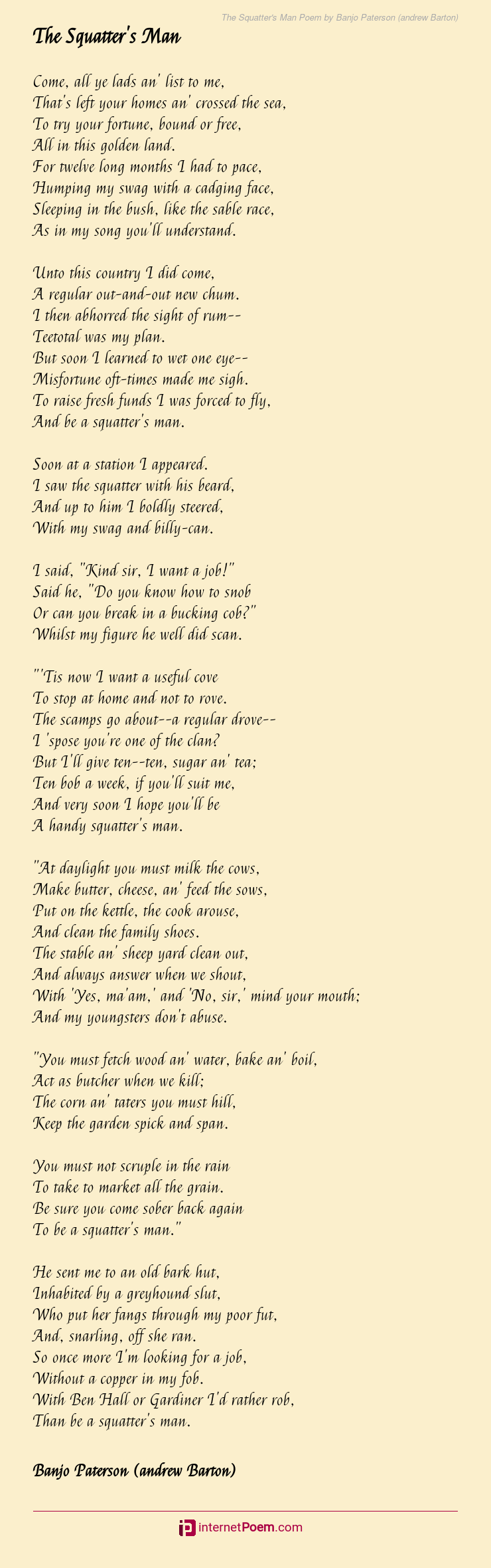 The Squatter's Man Poem by Banjo Paterson (andrew Barton)