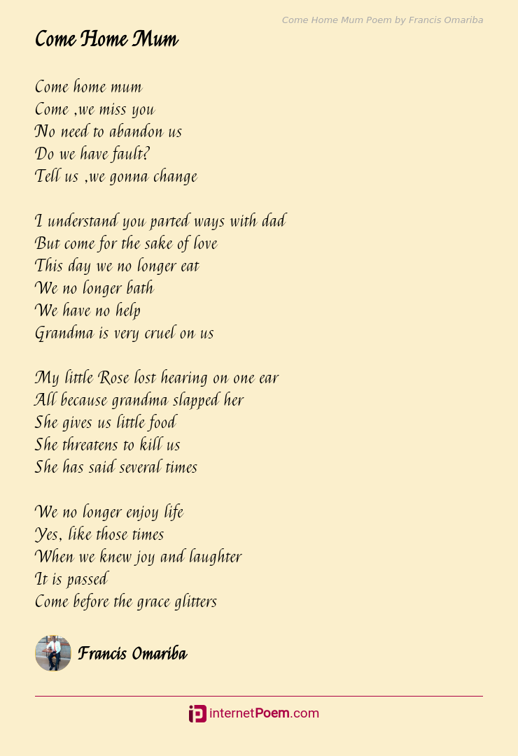 Come Home Mum Poem by Francis Omariba