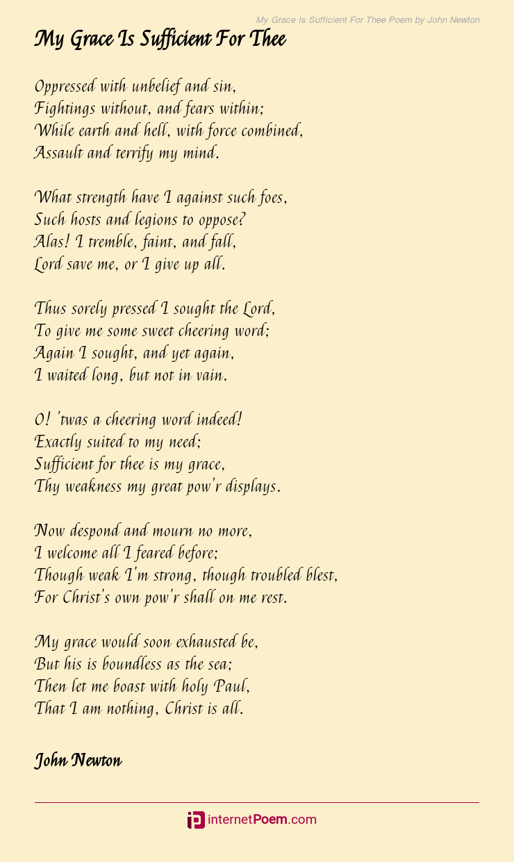 My Grace Is Sufficient For Thee Poem by John Newton