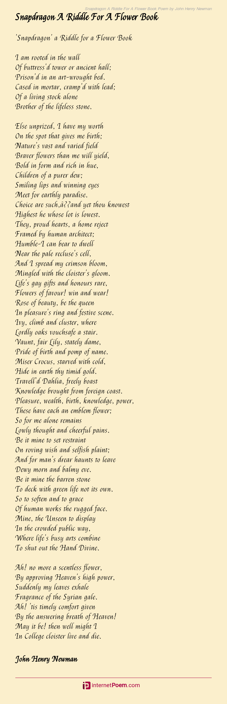 Snapdragon A Riddle For A Flower Book Poem by John Henry Newman
