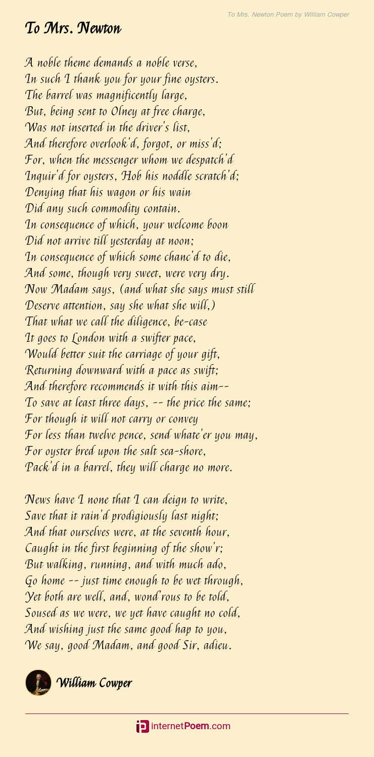 To Mrs. Newton Poem by William Cowper