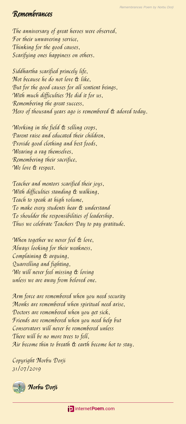 Remembrances Poem by Norbu Dorji