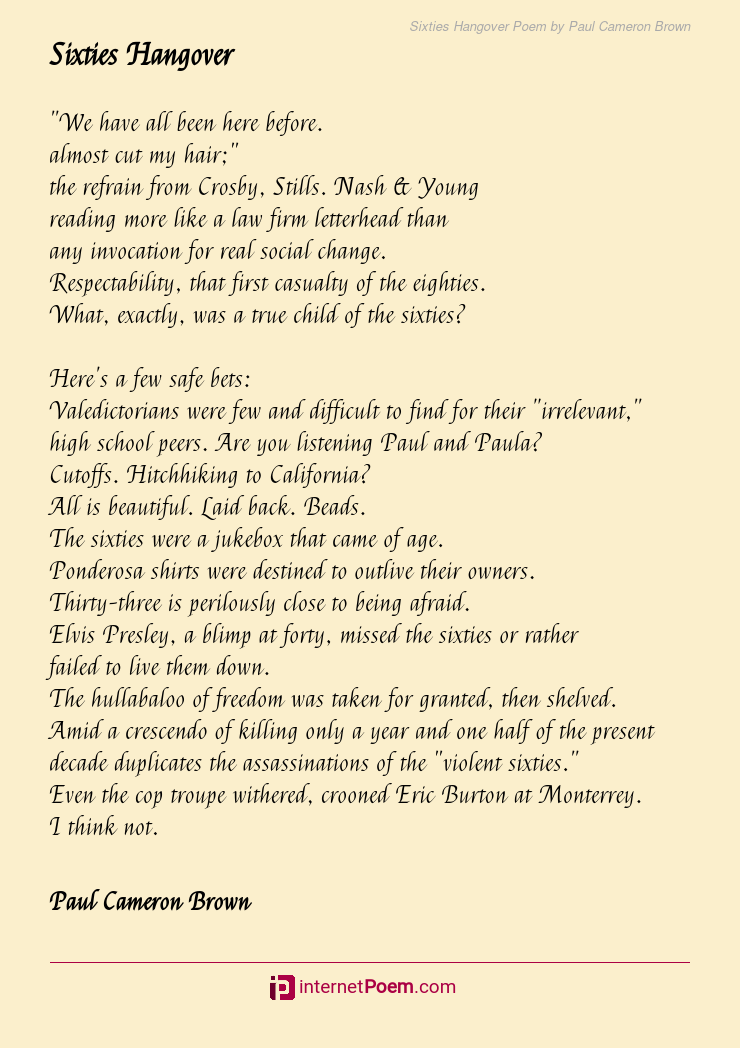 Sixties Hangover Poem by Paul Cameron Brown