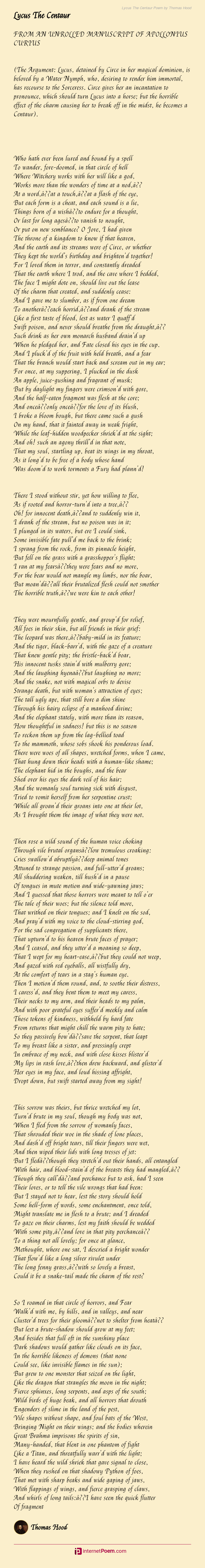 Lycus The Centaur Poem by Thomas Hood
