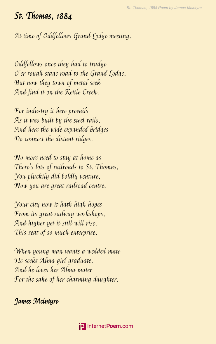 St. Thomas, 1884 Poem by James Mcintyre