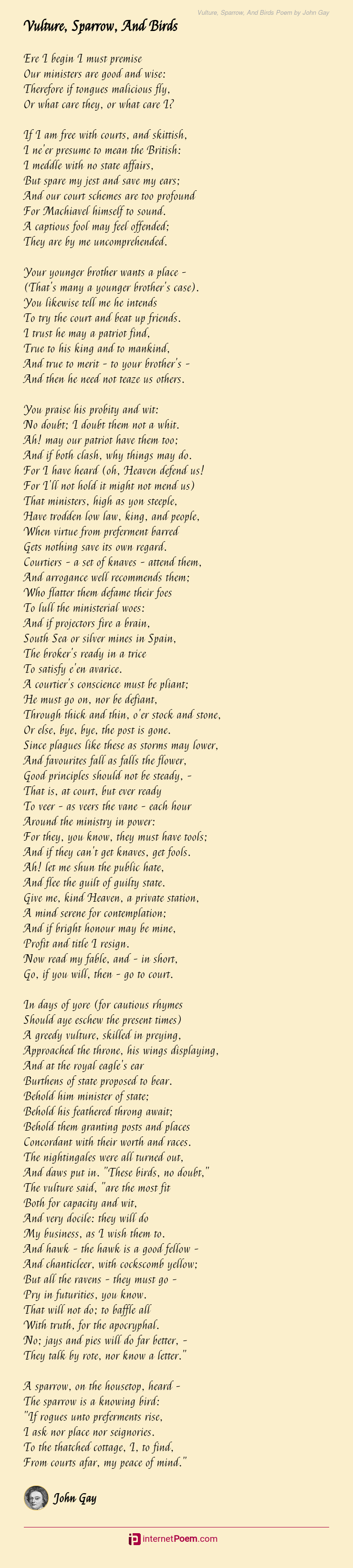 Vulture, Sparrow, And Birds Poem by John Gay
