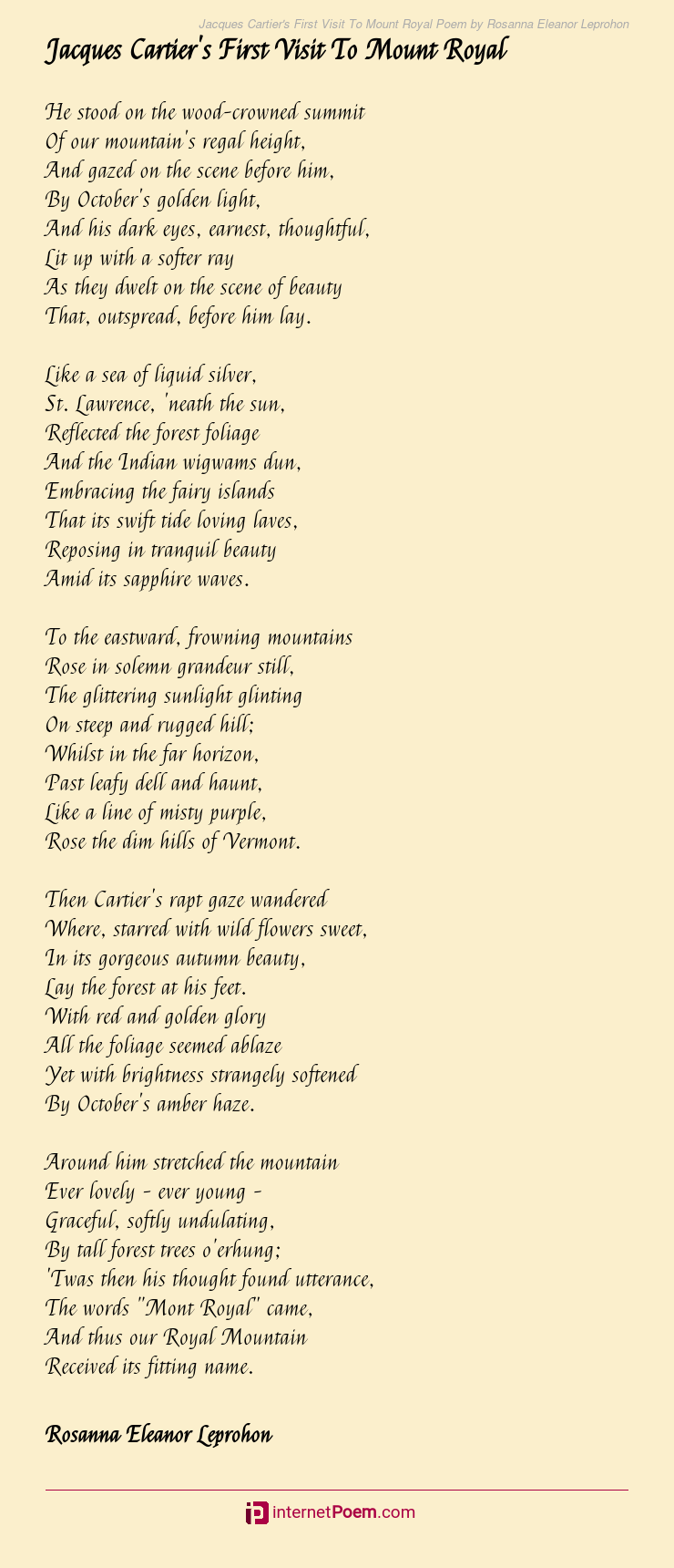 Jacques Cartier's First Visit To Mount Royal Poem by Rosanna Eleanor ...