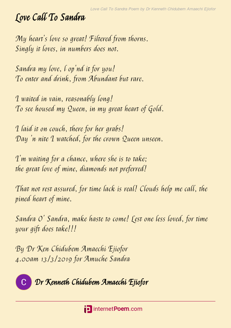 Love Call To Sandra Poem by Dr Kenneth Chidubem Amaechi Ejiofor