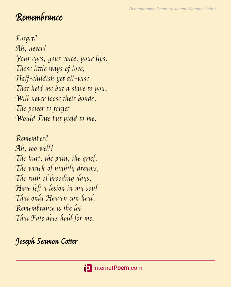 Remembrance Poem by Joseph Seamon Cotter