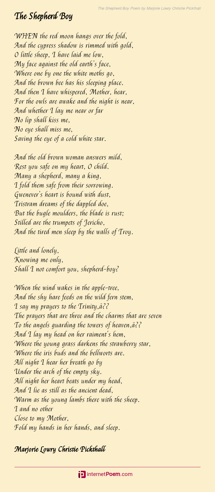 The Shepherd Boy Poem by Marjorie Lowry Christie Pickthall