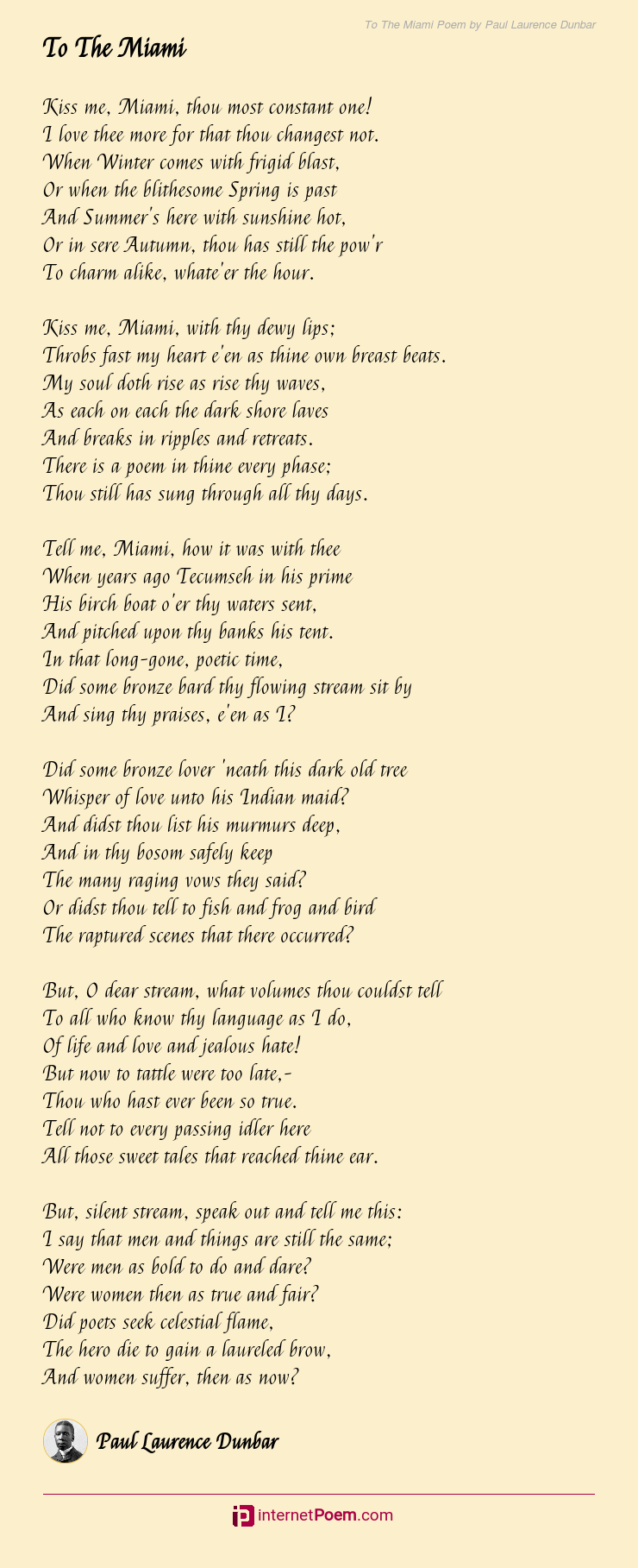 To The Miami Poem by Paul Laurence Dunbar