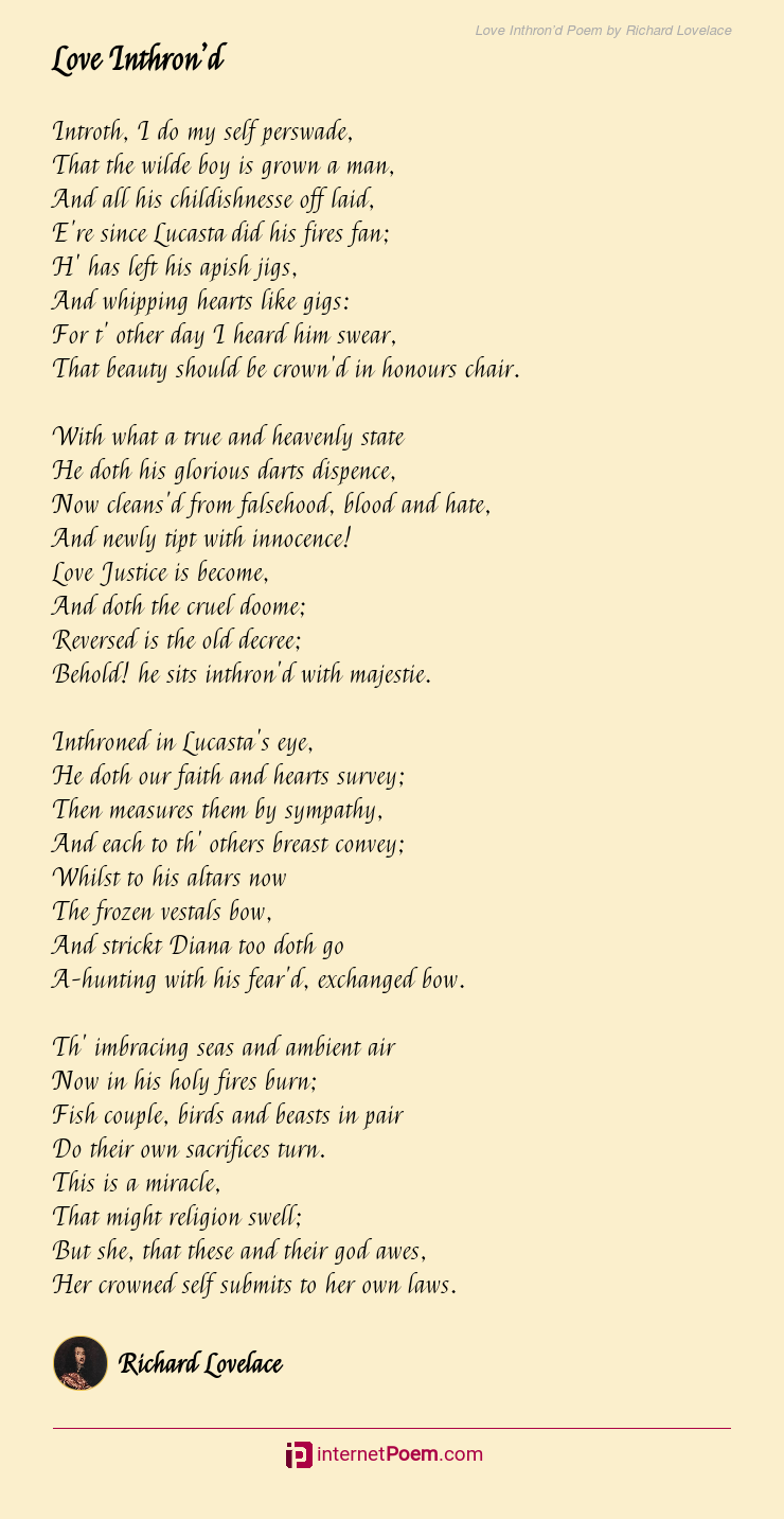 Love Inthron'd Poem by Richard Lovelace