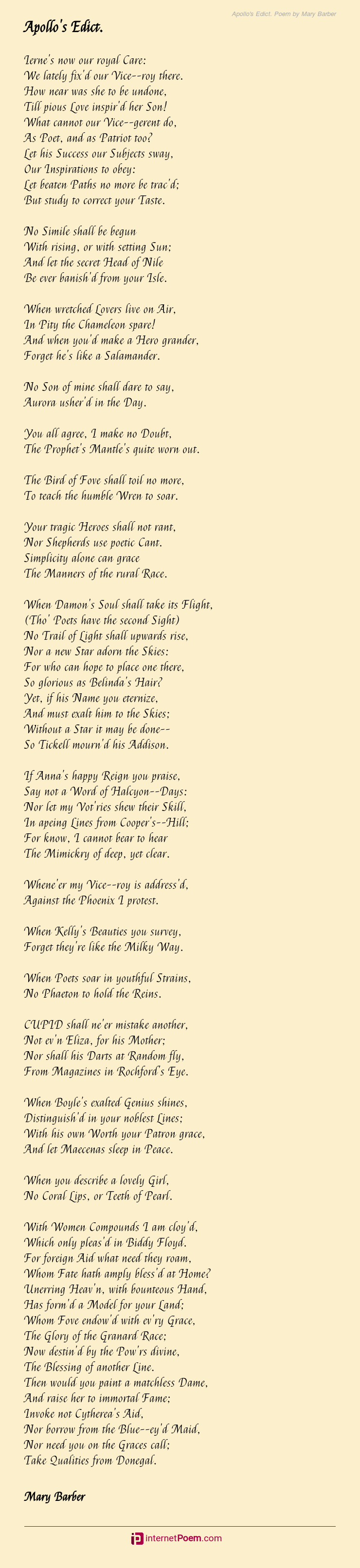 Apollo's Edict. Poem by Mary Barber