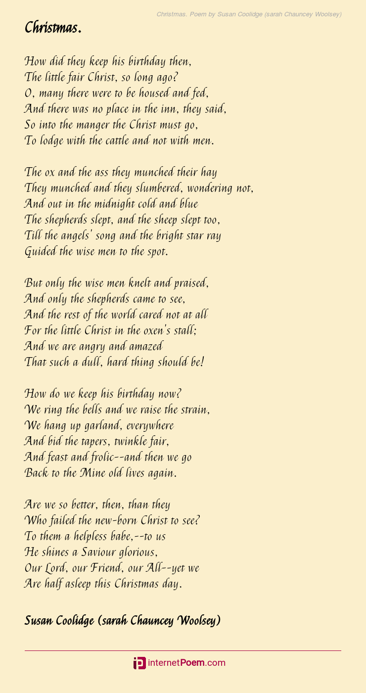 Christmas. Poem by Susan Coolidge (sarah Chauncey Woolsey)