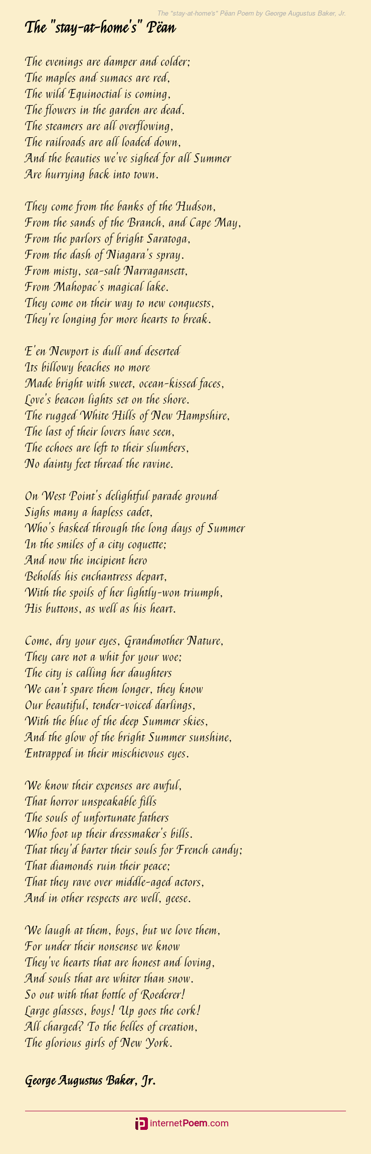 The "stay-at-home's" Pëan Poem by George Augustus Baker, Jr.