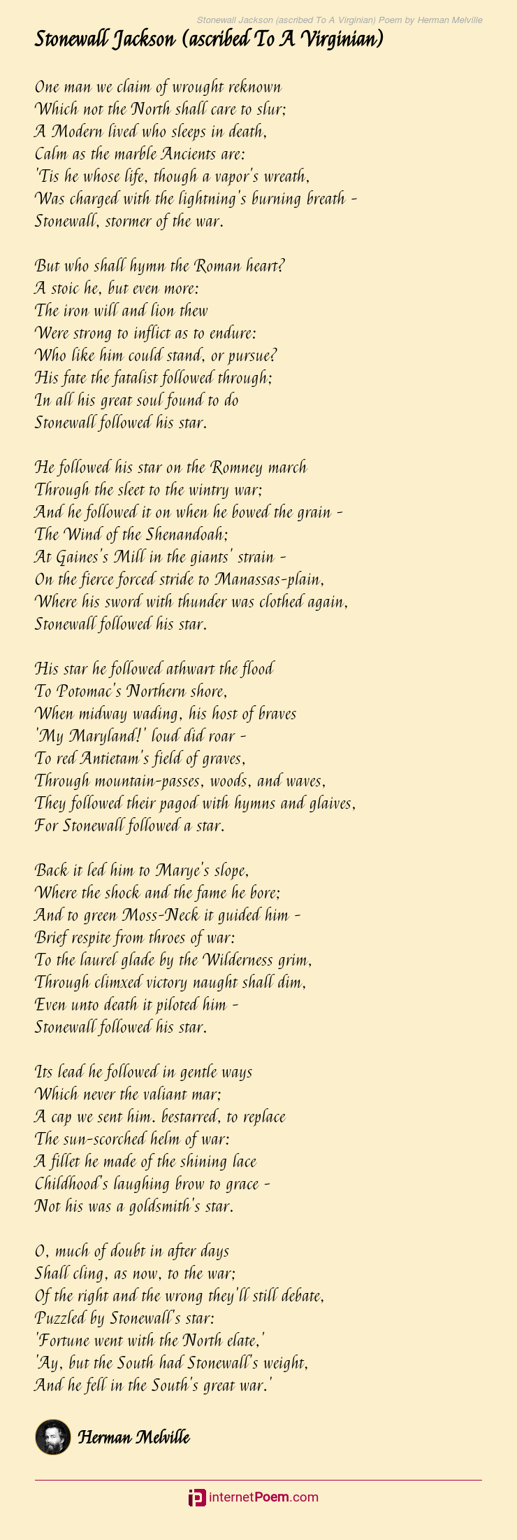 Stonewall Jackson (ascribed To A Virginian) Poem by Herman Melville