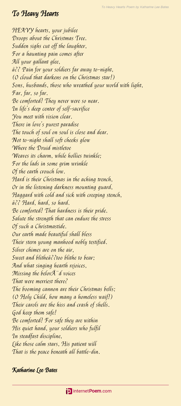 To Heavy Hearts Poem by Katharine Lee Bates