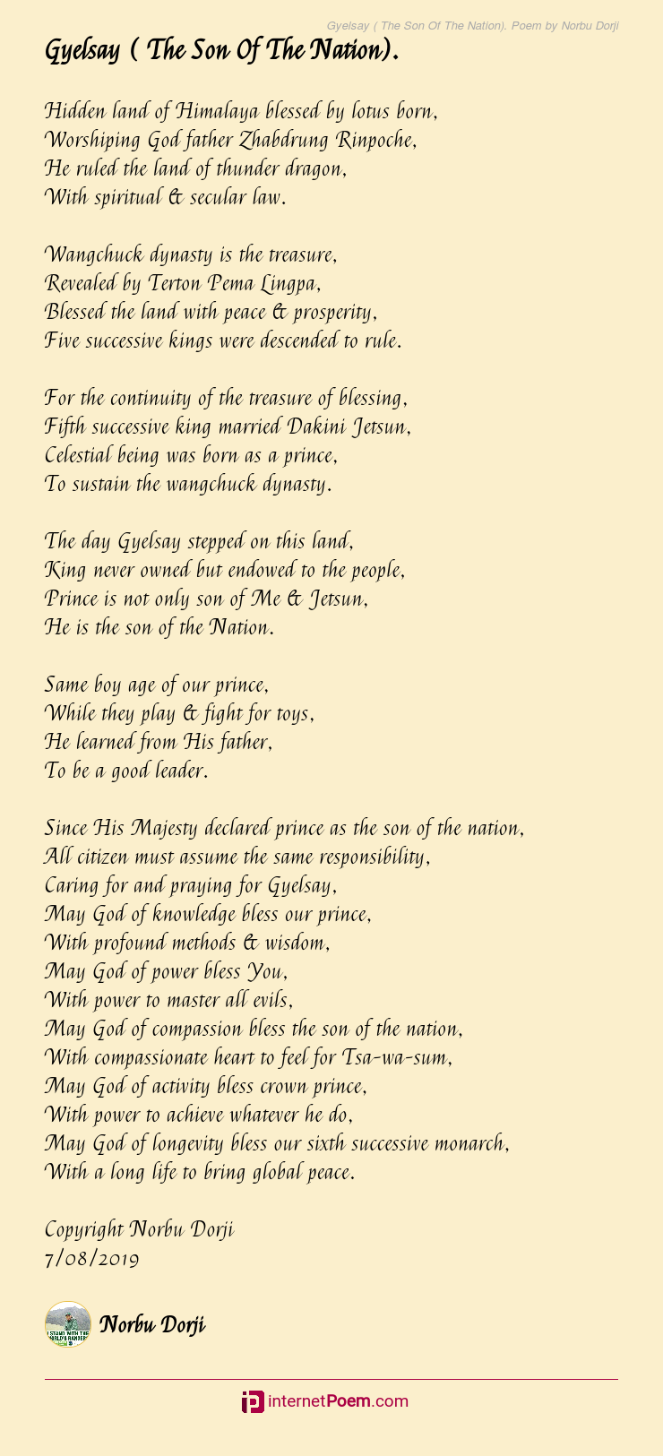 Gyelsay ( The Son Of The Nation). Poem by Norbu Dorji