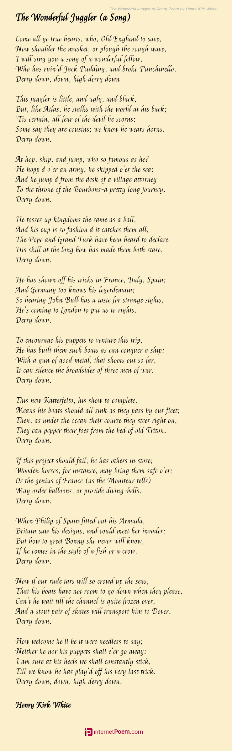 The Wonderful Juggler (a Song) Poem by Henry Kirk White