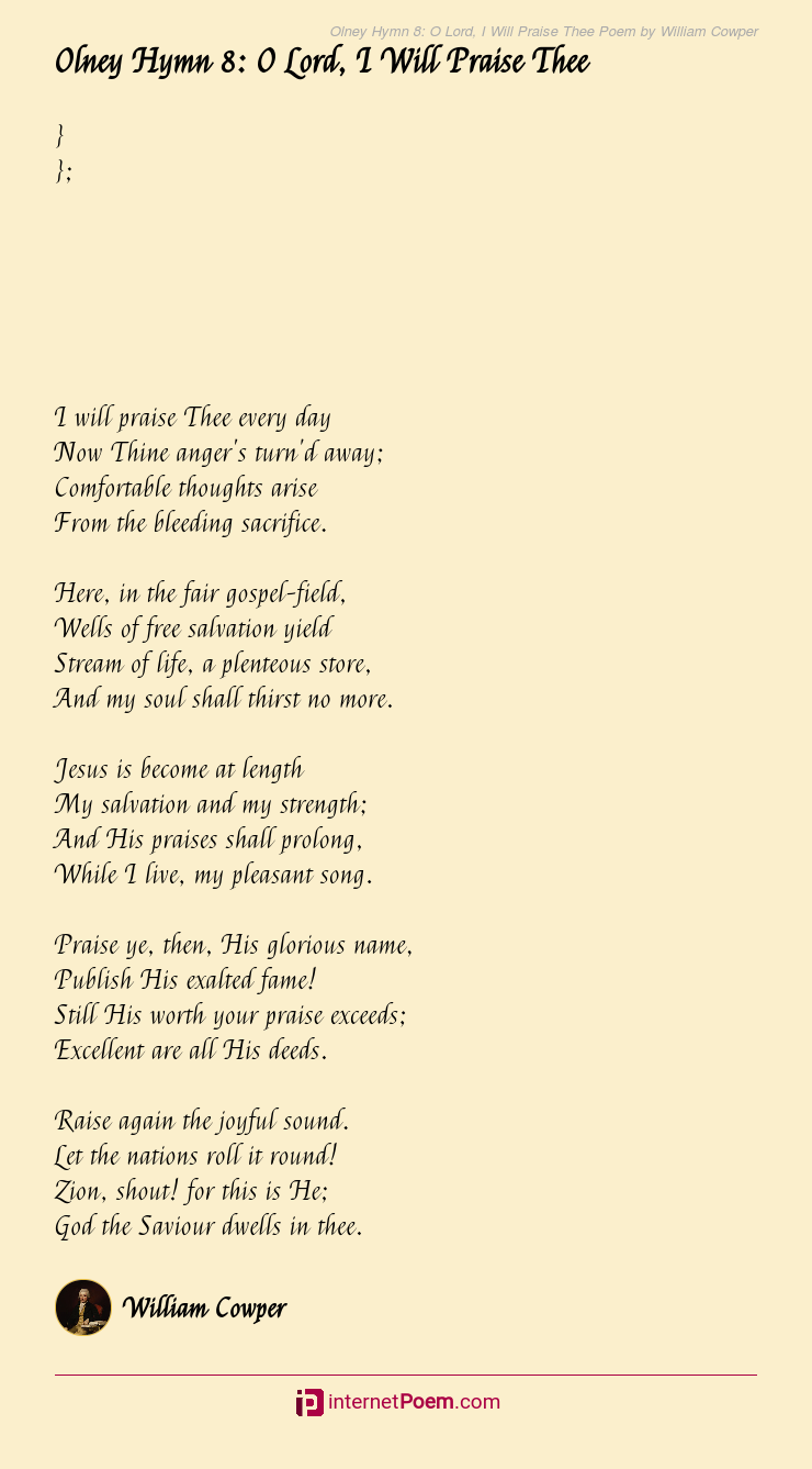 Olney Hymn 8: O Lord, I Will Praise Thee Poem Rhyme Scheme