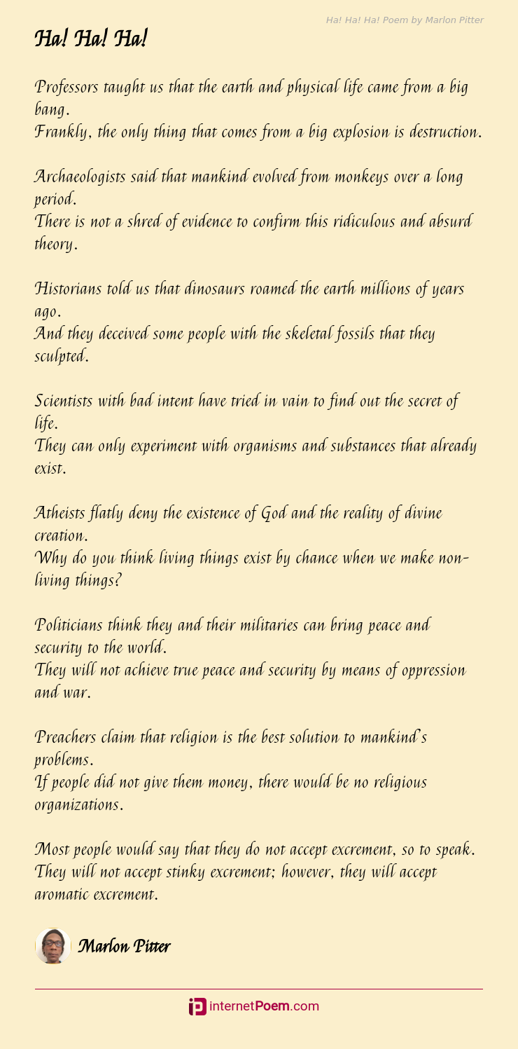 Ha! Ha! Ha! Poem by Marlon Pitter